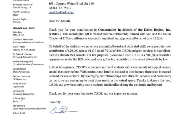 Received a Thank You letter From Communities in Schools of The Dallas ...